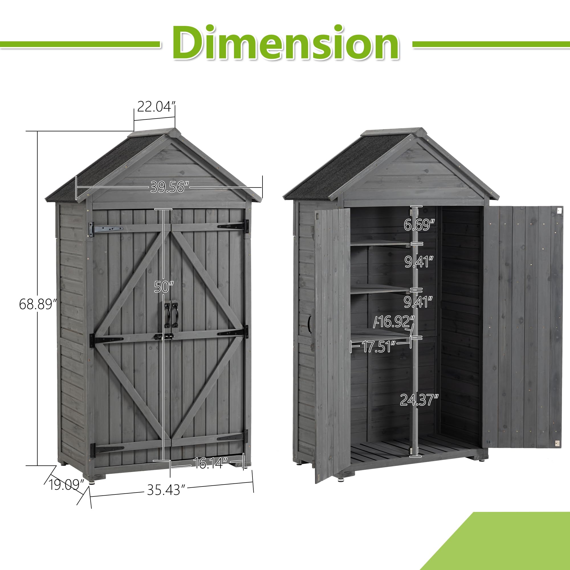Miscoos Outdoor Wood Storage Shed, Vertical Garden Shed Closet with Lockable Doors, Outside Tool Shed Storage Cabinet with Floor,Detachable Shelves,Pitch Roof for Poolside Backyard Porch