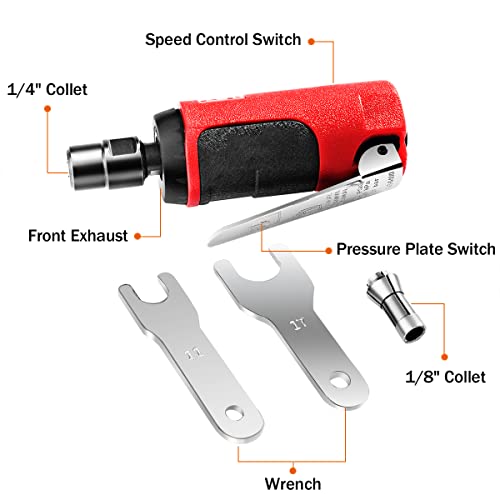 Goplus 1/4-inch Compact Straight Air Die Grinder, 25000 RPM Free Speed w/ 1/4" ,1/8" Collets and 2 Wrenches (Red+Black)