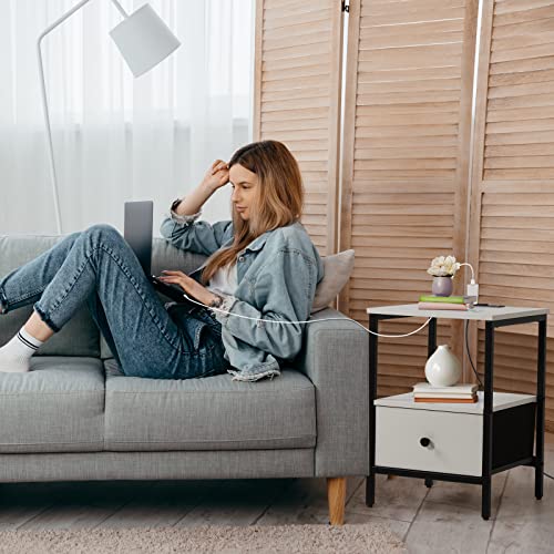 Homajor Nightstand with Charging Station,Side Table with Storage,end Tables Living Room,Bedside Table with Fabric Drawers,End Tables with USB Ports for Bedroom,Small Spaces,White