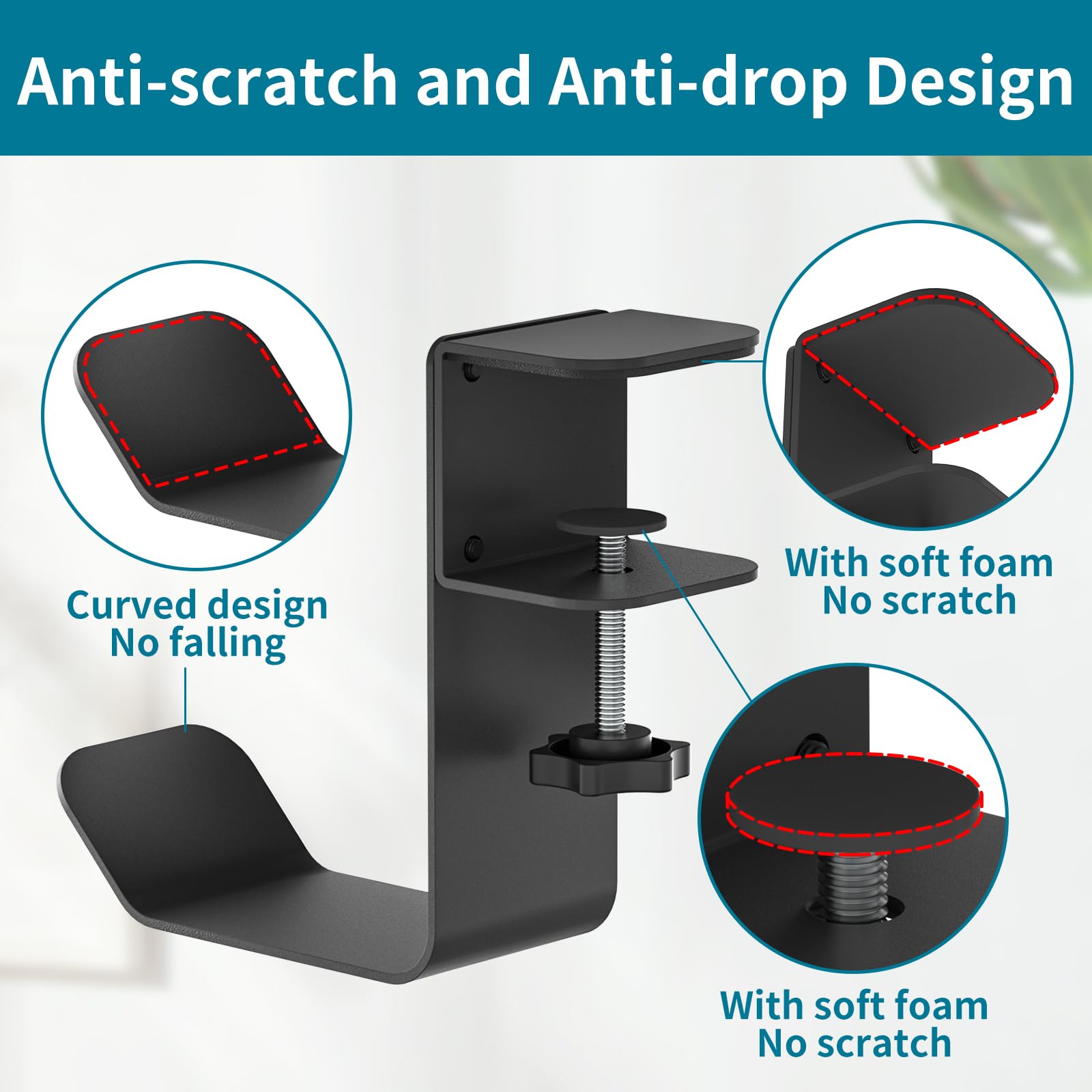 tiebutie Clamp-On Under Desk Headphone Holder/Backpack Hook/PC Gaming Headset Headphone Hanger Mount, Provides a Convenient Place to Hang Headsets or Bags