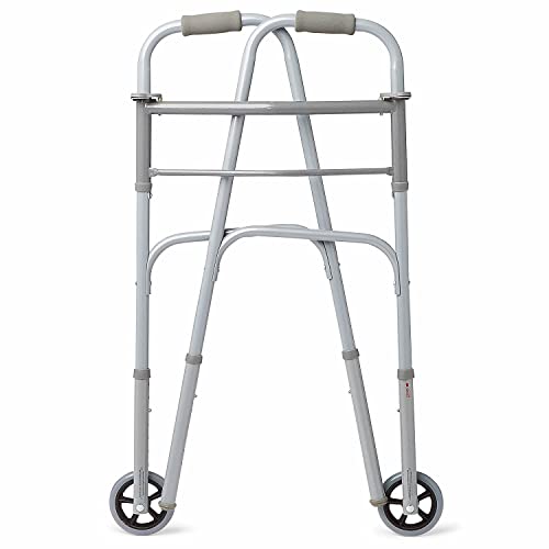 Walker Folding Deluxe 2 Button with Front 5" Wheels, Adjustable Height (Short, Standard, Tall People) by Healthline Trading