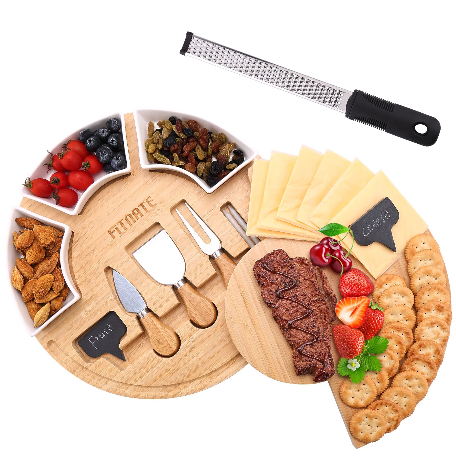 FITNATE Cheese Board Set Round Charcuterie Boards with Cheese Grater, Bamboo Swivel Cheese Cutting Board and Knife Set Cheese Serving Platter for Thanksgiving Day, Christmas, Family Gatherings