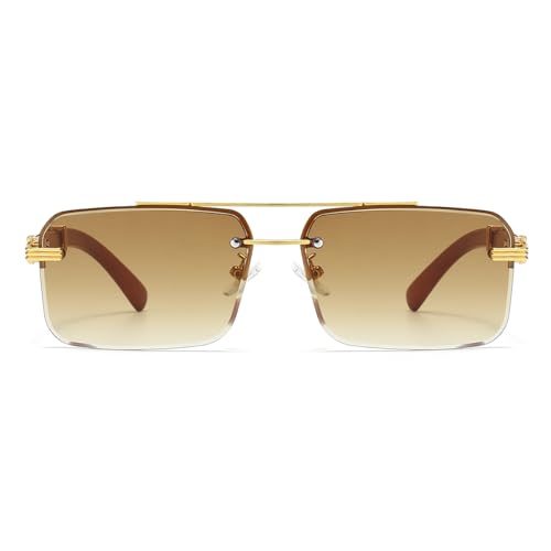 Gleyemor Mens Sunglasses Fashion Rimless Rectangle Sunglasses Square Frameless Sunglasses for Men (Gold/Gradient Brown)