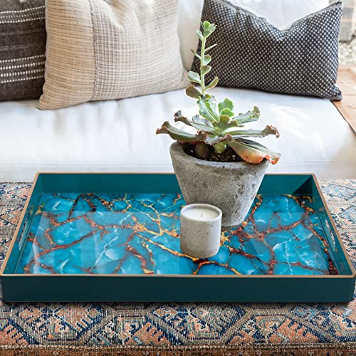 MAONAME Blue Decorative Tray, Plastic Serving Tray with Handles, Coffee Table Tray with Tempered Glass Film, Rectangle Ottoman Tray for Living Room, Bathroom, 15.7β x 10.2β