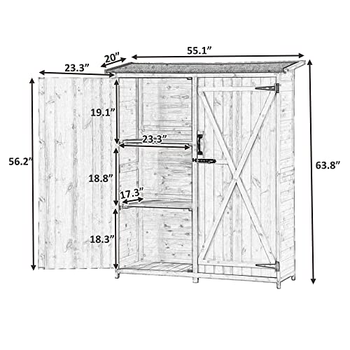 GLIFRON 5.3ft Hx4.6ft L Wood Storage Shed Tool Organizer with 3-Tier Removable Shelves, Storage Cabinet with Waterproof Roof and 2 Lockable Doors & Handles, for Outdoor, Backyard, Gardern, Gray