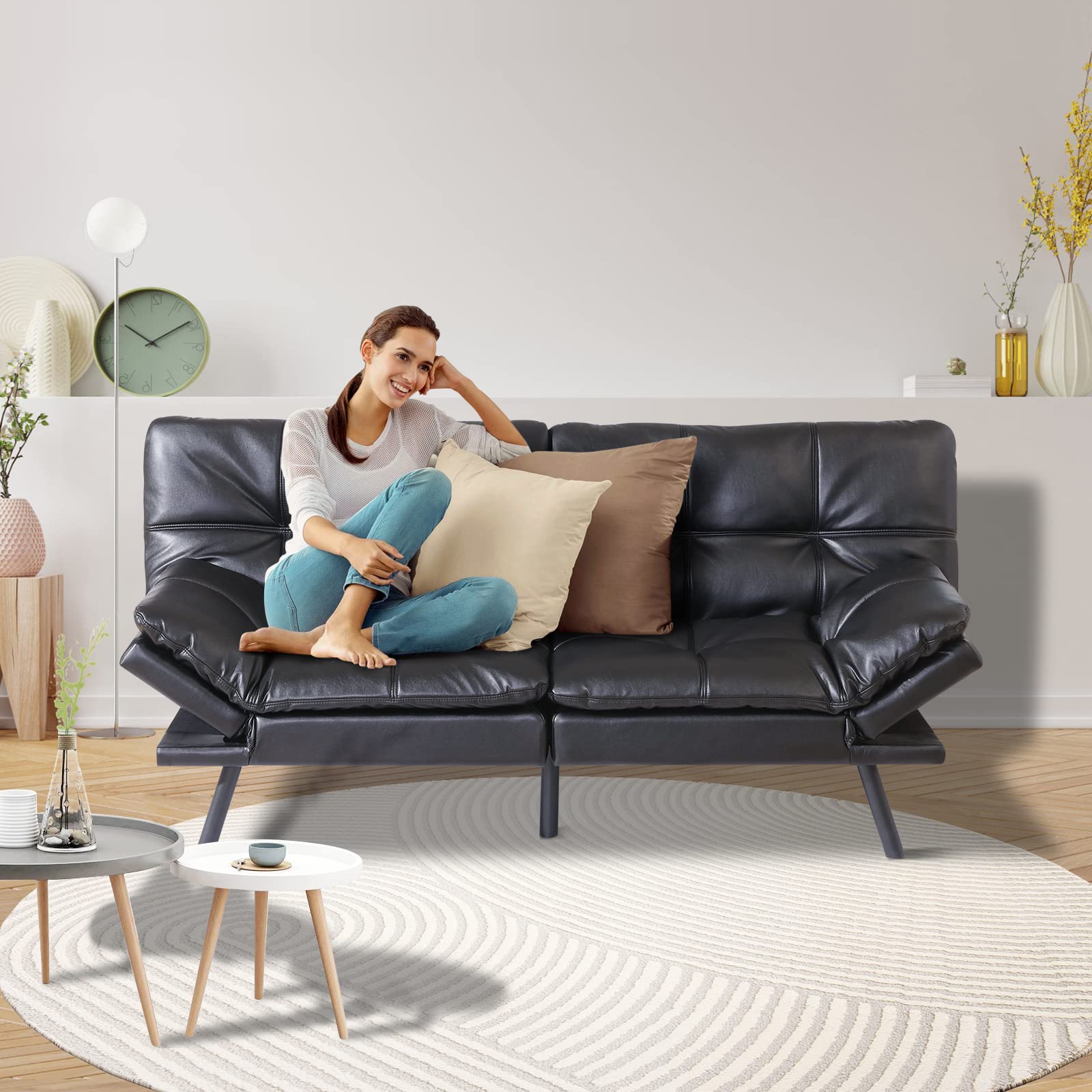 MUUEGM Futon Sofa Bed,Memory Foam Modern Convertible Couch Bed,Faux Leather Futon,Adjustable Armrest&Backrest Folding Futon Sleeper Couch with Compact Living Space,Apartment,Dorm,Bonus Room,Black