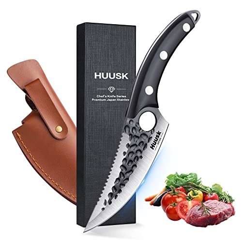 Huusk Viking Knife Caveman Knives - Hand Forged Meat Cleaver Sharp Boning Knife for Meat Cutting Japanese Knife with Sheath Trimming Butcher Knife for Kitchen & Outdoor Use