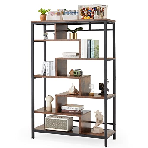 JOMEED 7-Tier Industrial Bookshelf for Bedroom,Large Etagere Bookcase Open Display Shelves with Metal Frame for Living Room Home Office，Asymmetrically Designed