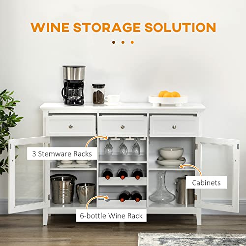 HOMCOM Coffee Bar Cabinet with 3 Drawers, 6-Bottle Wine Rack, Stemware Racks, Glass Door, Sideboard Buffet Cabinet, Wine Cabinet, White