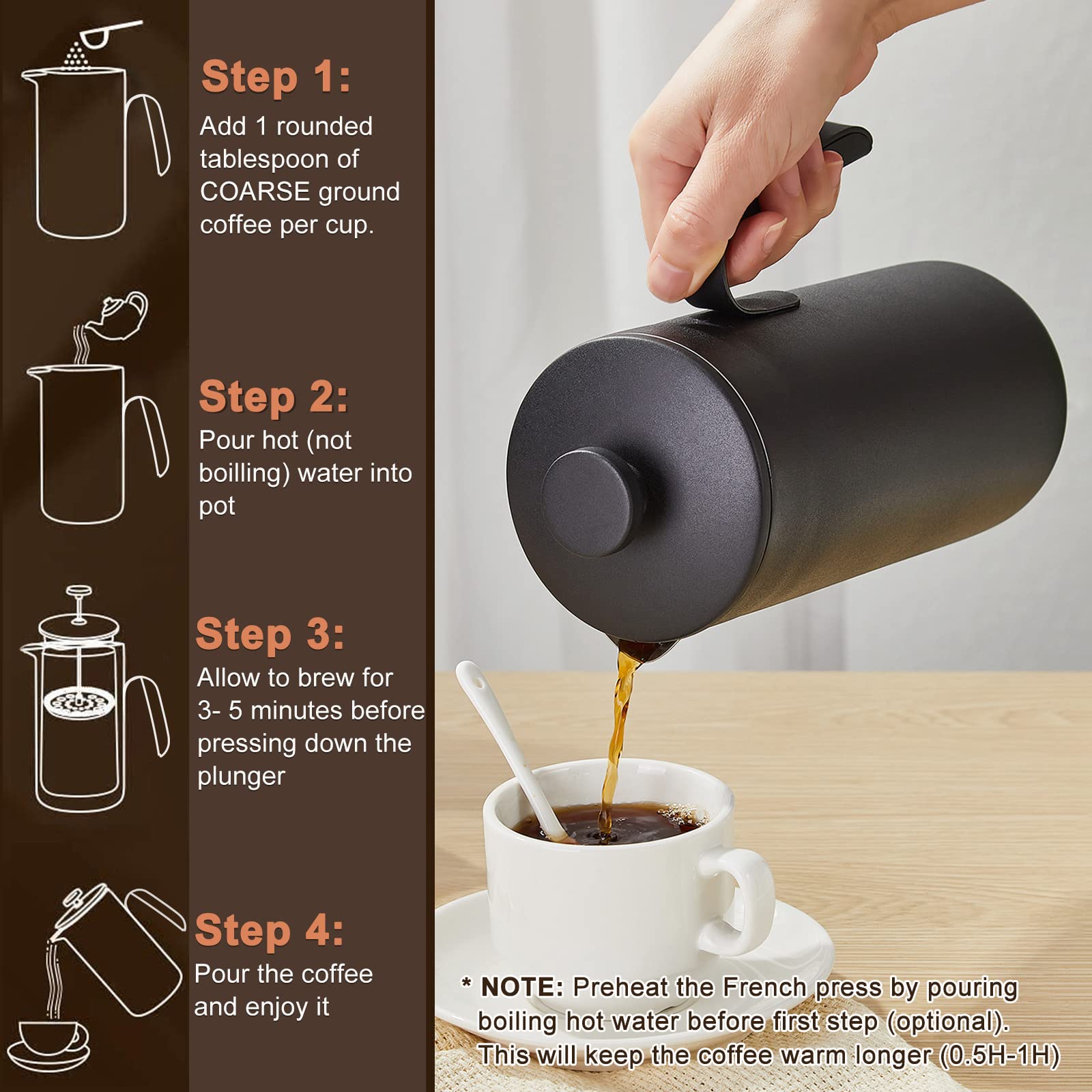 Fityou French Press Coffee Maker, Insulated 304 Grade Stainless Steel Insulated Coffee Press with 4 Level Filtration System, Keep Warm for 8 Hours, 34oz (1 Litre)