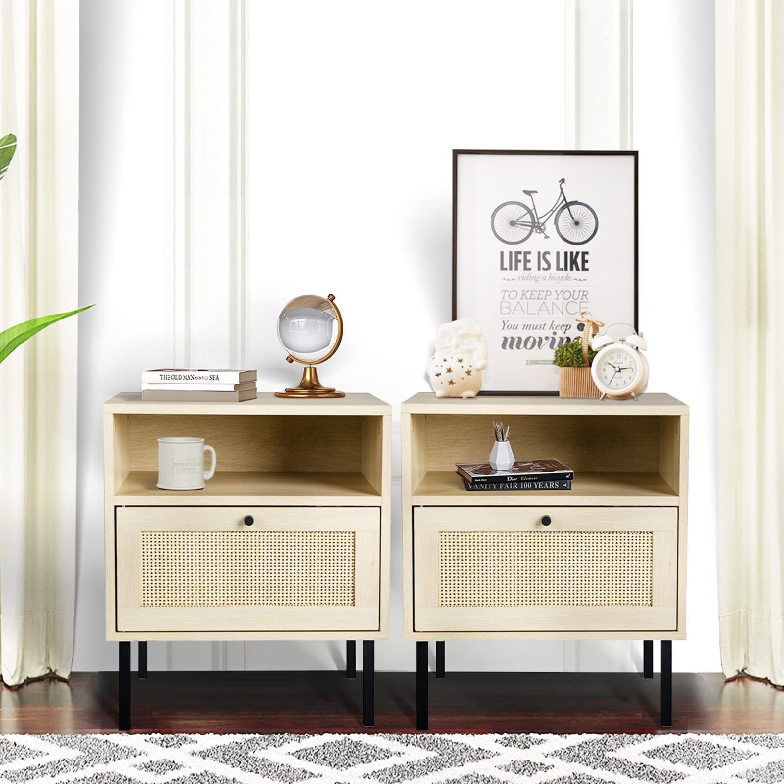 Lamerge Rattan Nightstand Set of 2, Wooden End Table, Modern Side Table with 2 Storage Drawer, Accent Table for Living Room, Bedroom and Small Spaces, Black