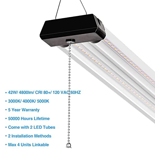 ZJOJO Linkable LED Shop Light for Garage, LED Shop Light 4FT with Pull Chain (ON/Off), 3000K/4000K/5000K, 42W 4800LM Bright LED Shop Lights with 5 Year Warranty for Workshop Office Warehouse-1Pack