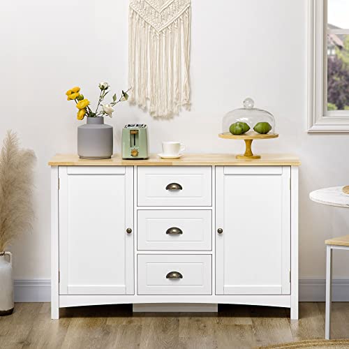 HOMCOM Sideboard Buffet Cabinet, Retro Kitchen Cabinet, Coffee Bar Cabinet with Rubber Wood Top, Drawers, Adjustable Shelves for Living Room, Entryway, White