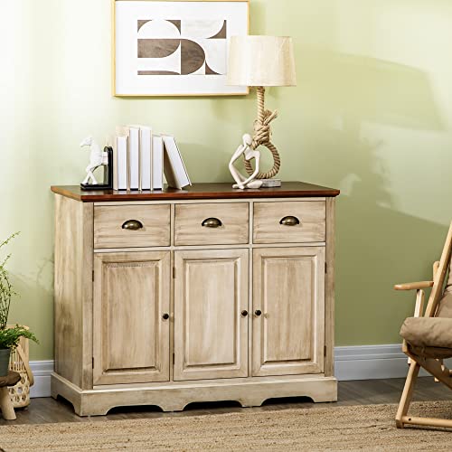 HOMCOM Sideboard Buffet Cabinet with Storage Drawers, Adjustable Shelves, Kitchen Cabinet, Coffee Bar Cabinet, Distressed Natural