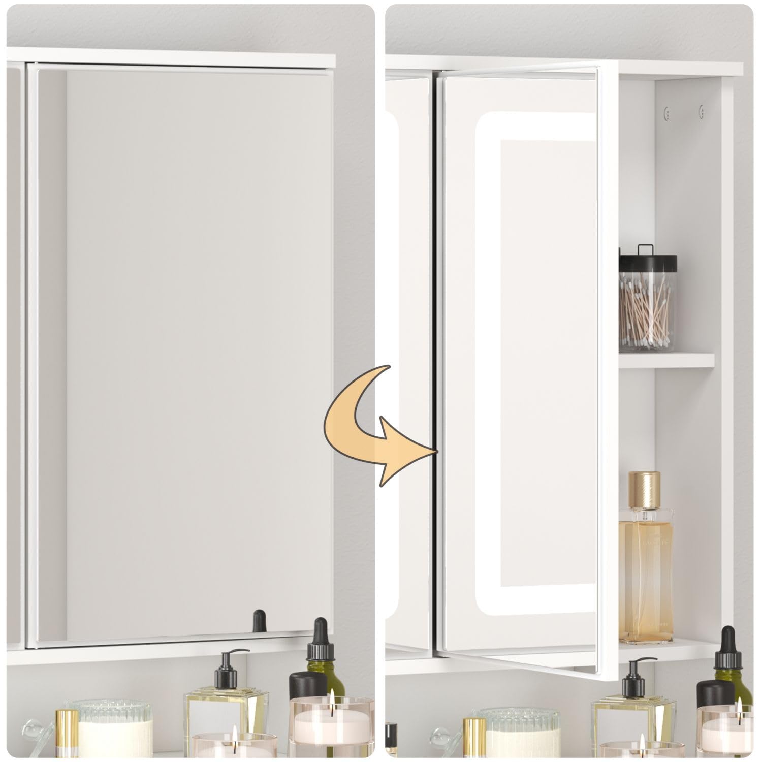 MOUMON Large Vanity Desk with Open Mirror and Lights, Makeup Desk with Drawers and Shelves, Rose-Shaped Crystal Handles, Cushion Stool not Included, White (43.3”W x 18.1”D x 54.1”H)