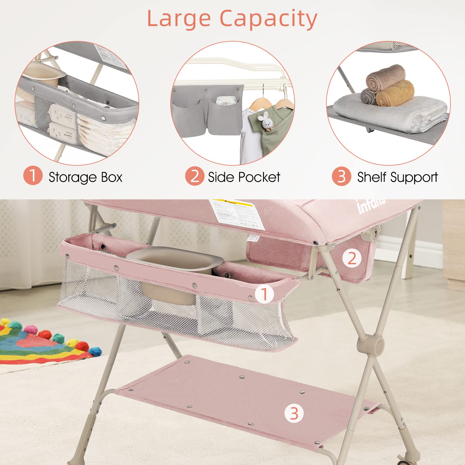 INFANS Portable Baby Changing Table, Folding Diaper Dresser Station with Wheels, Adjustable Height, Safety Belt, Drying and Storage Rack, Mobile Nursery Organizer Stand for Newborn Infant (Pink)