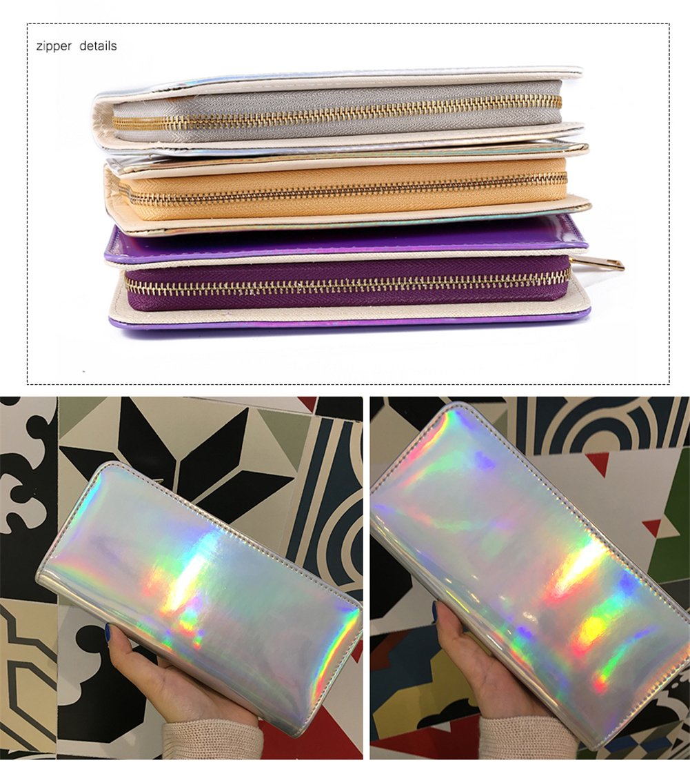 YAIRYANGTZE Hologram Slim PU Leather Wallet with Zipper Long Clutch Wallet Purse for Women (Silver)