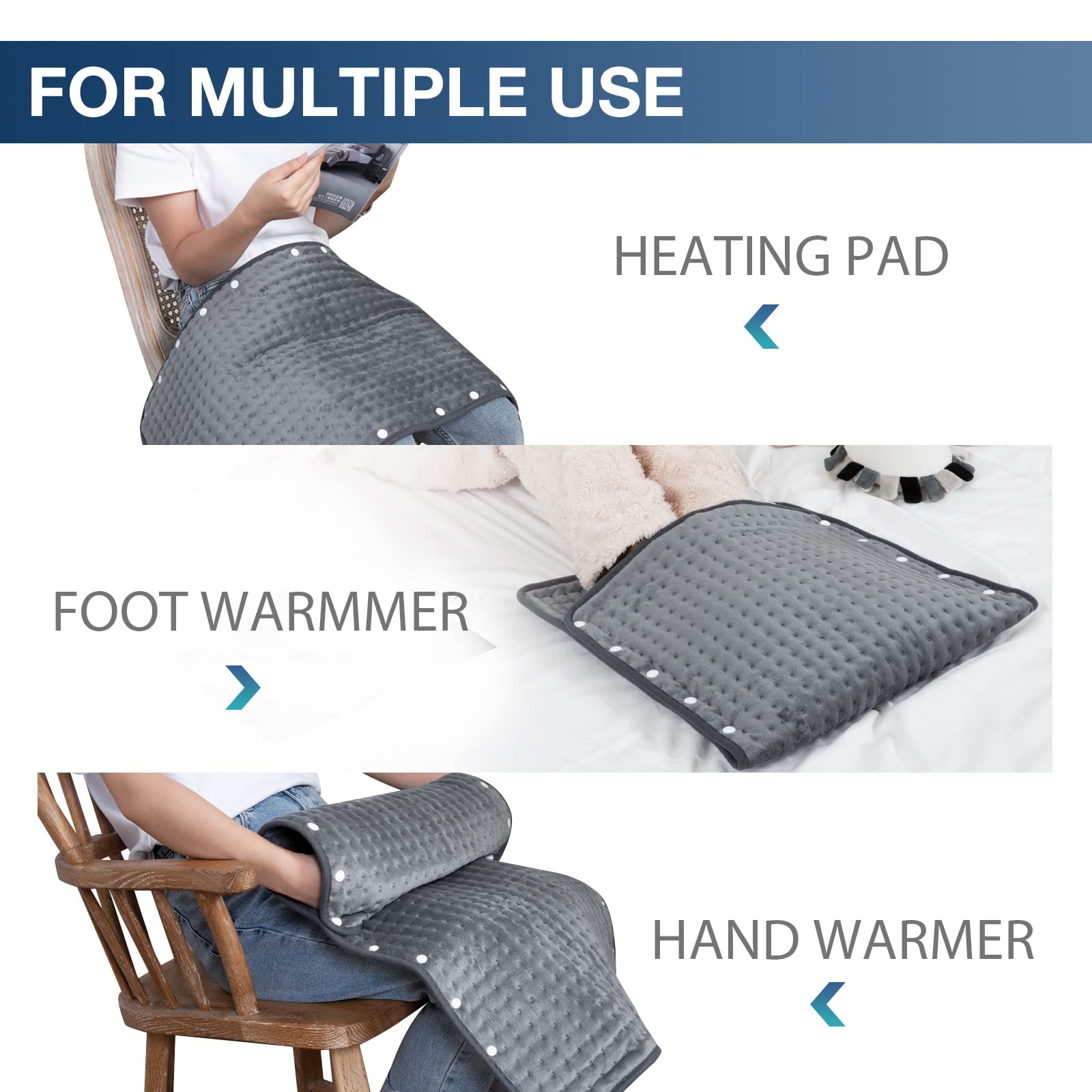 DAILYLIFE Heating Pad, Foot Warmer, 17"x33" Electric Heating Pad for Back Pain Relief, UL Certified with Overheating Protection | 6 Heating Settings | Auto-Off | Machine Washable, Gray