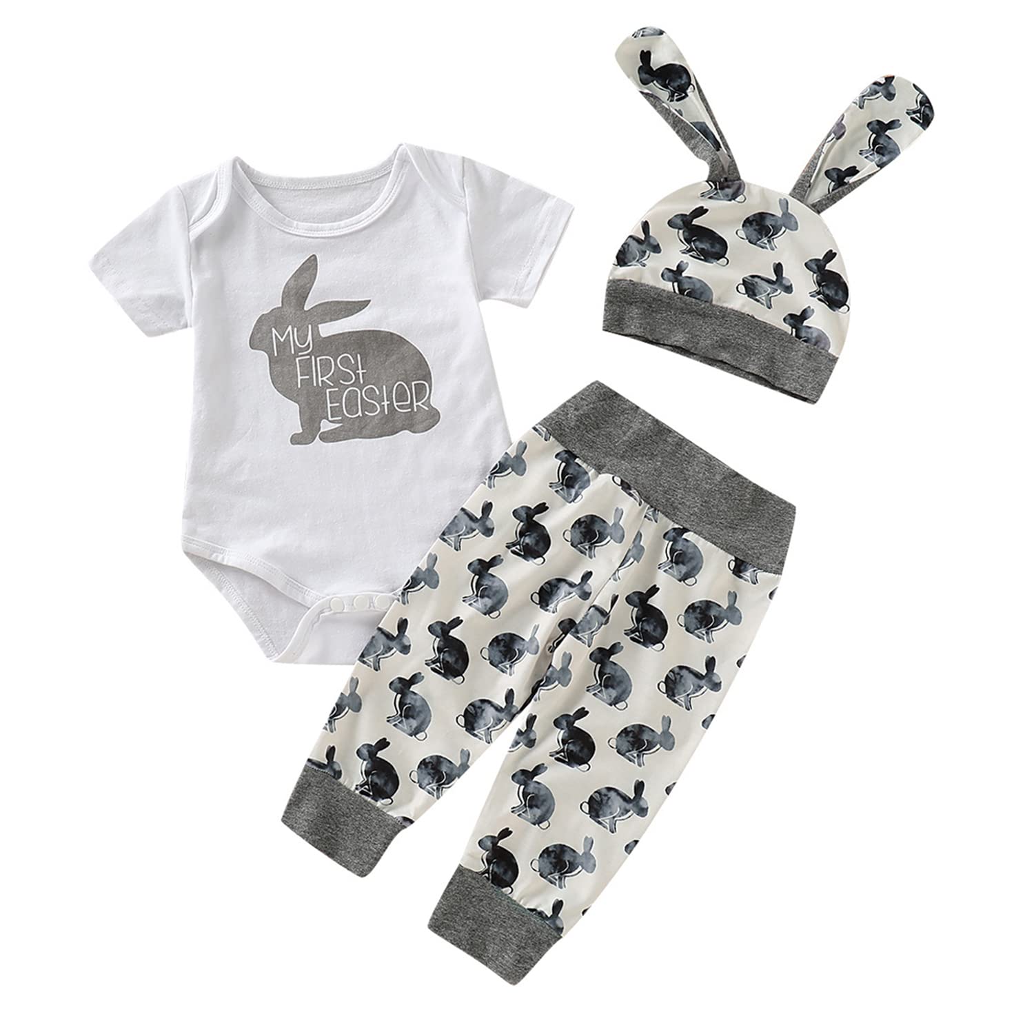 Infant Baby Boys Girls Easter Outfits My 1st Easter Bunny Short Sleeve Romper Rabbit Pants Hat Clothes Set 3-6M