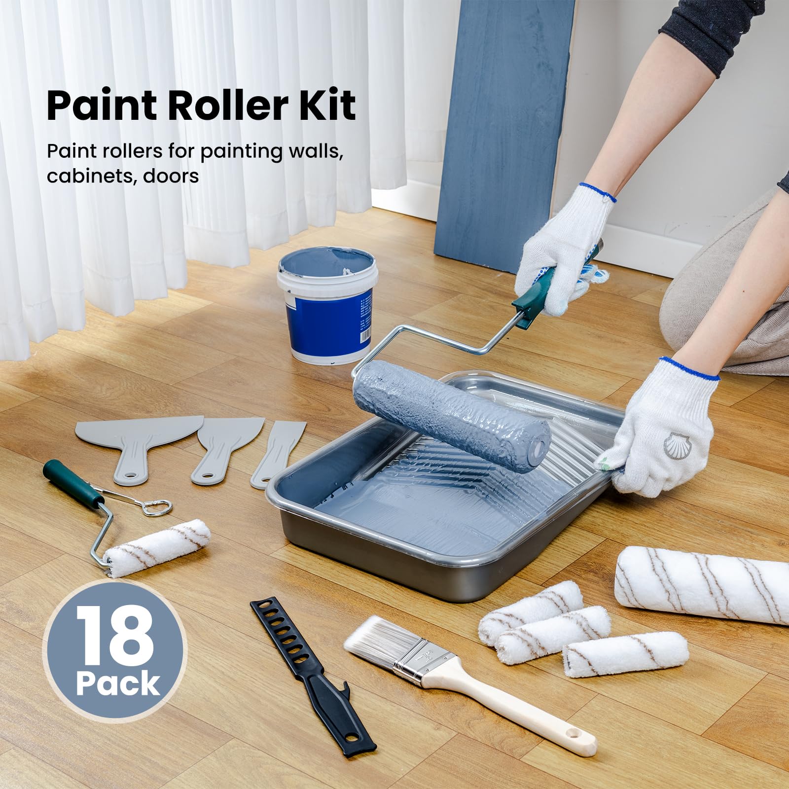 Mister Rui Paint Roller Kit, 18 Pack Paint Roller Set, 4"9" Paint Rollers for Painting Walls, Paint Tray with Liners, Angled Paint Brush, Professional Painting Kit for Home Improvement