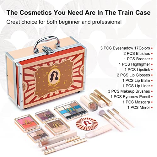 Makeup Kit for Teen Girls,Color Nymph Girls Makeup Kits For Teens With The Retro Style Train Case Included Eyeshadow Palette Blushes Bronzer Highlighter Lipstick Brushes Mirror