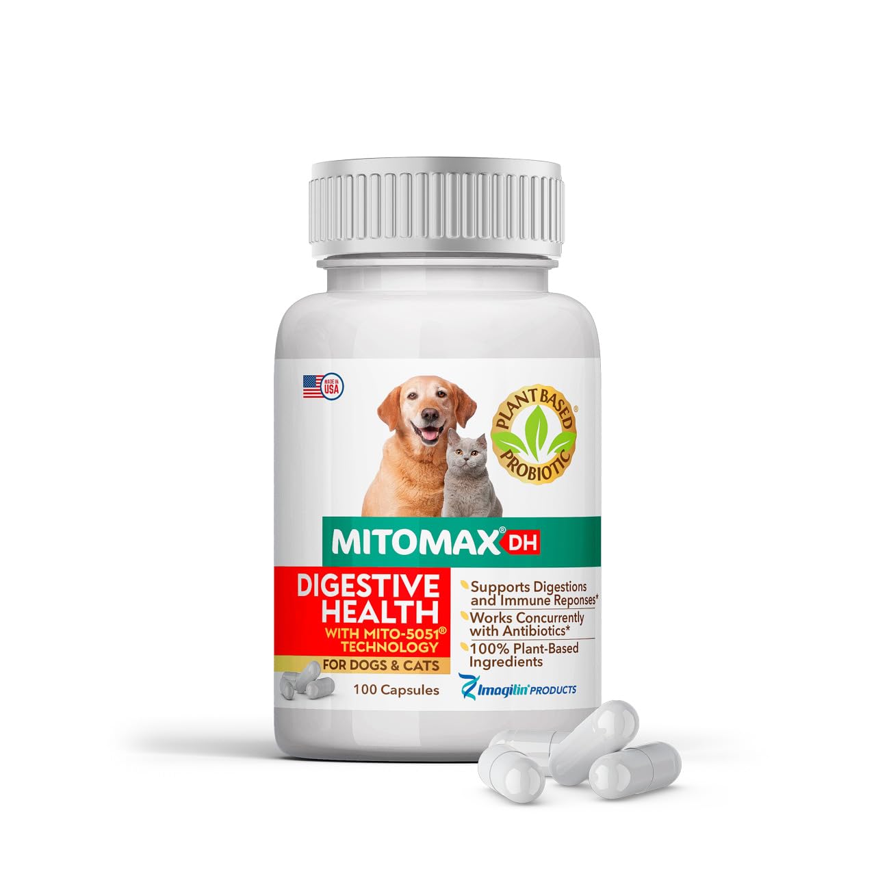 MitoMax DH for Digestive Health, Plant Based Probiotics for Dogs and Cats, 100 Capsules per Bottle