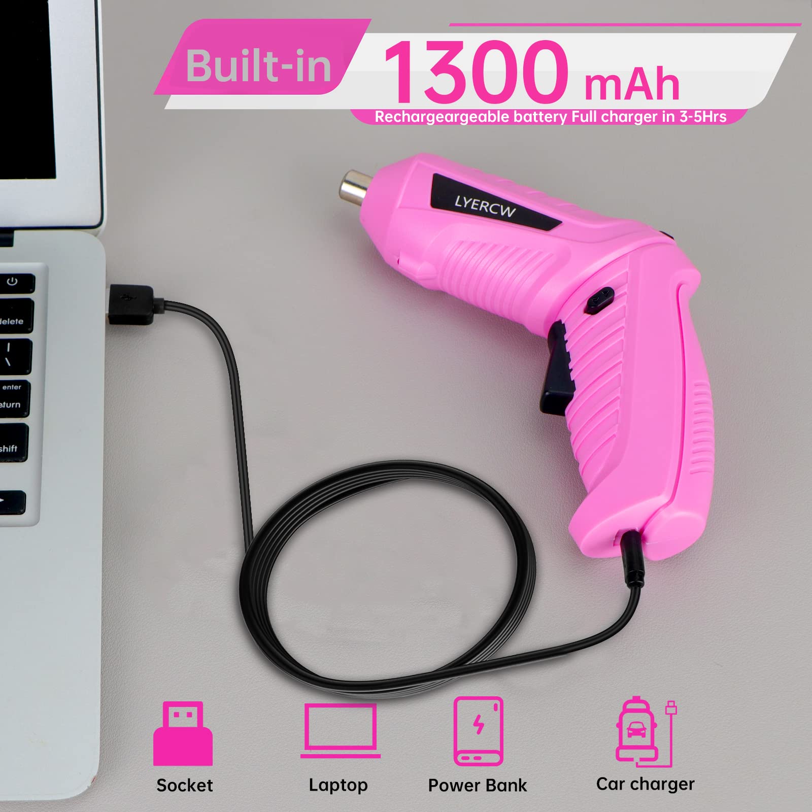 Pink Cordless Screwdriver Set with Rechargeable Battery and Charger, Rotating Handle, LED Light, 47PCS Drill/Driver Accessories, Lightweight and Portable Electric Screwdriver for Women
