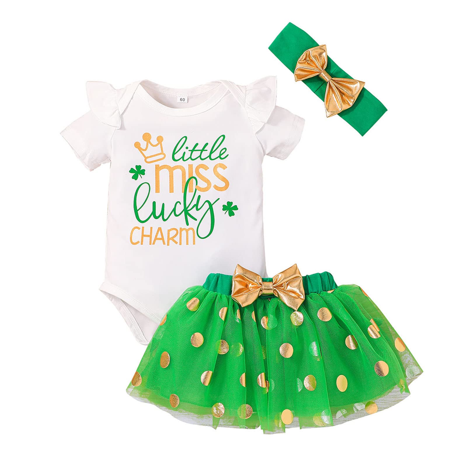 Infant Dot Tulle Outfits Headbands St.Patrick's Day Letter Romper Bodysuit Girls Printed Baby (Green, 3-6 Months)