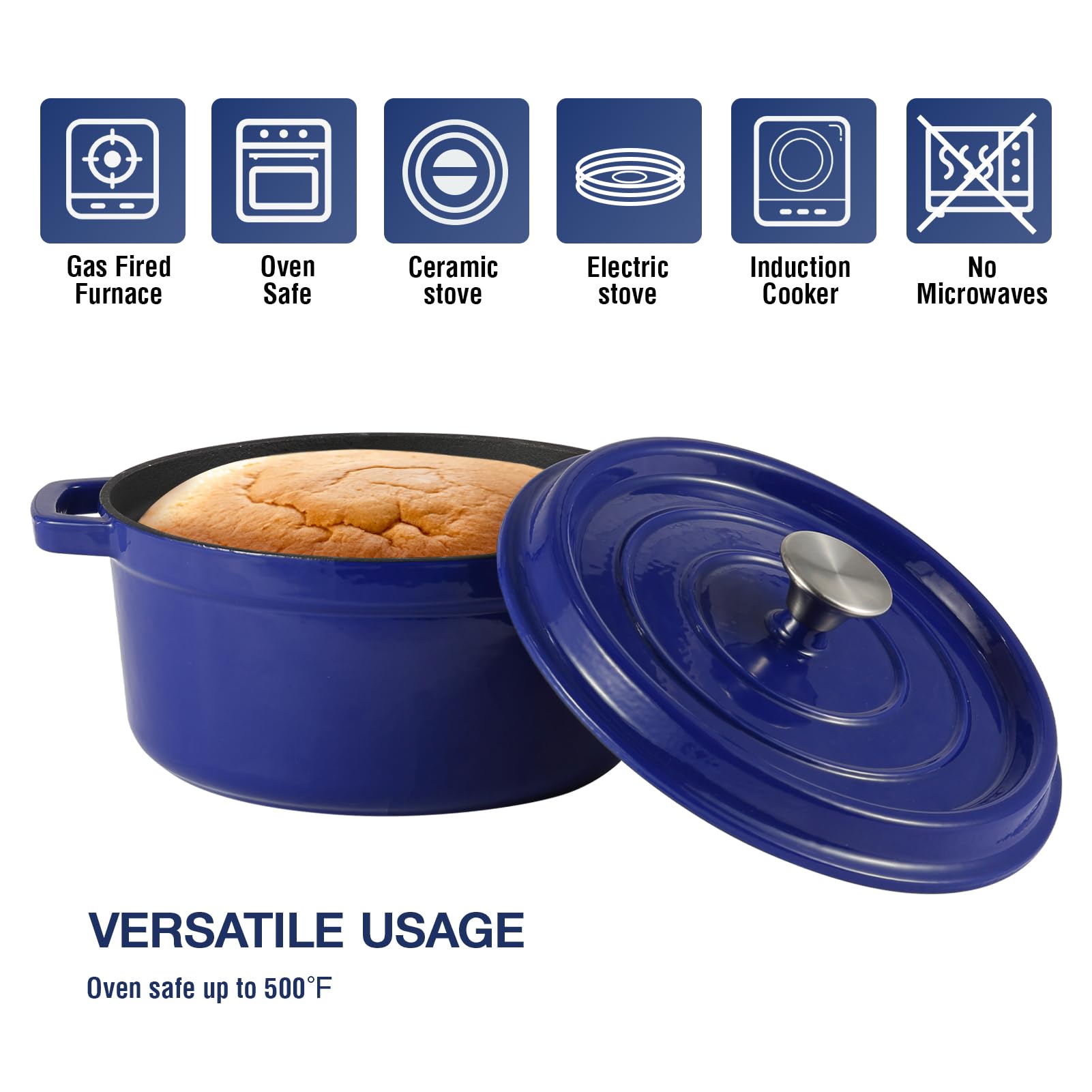 JOGREFUL 4 QT Dutch Oven, Ceramic Enameled Dutch Oven Pot with Lid for Sourdough Bread Baking, Cast Iron Non-Stick Oven Cooking Pot for Cooking/Baking/Kitchen Stovetop, Safe up to 500° F, Blue