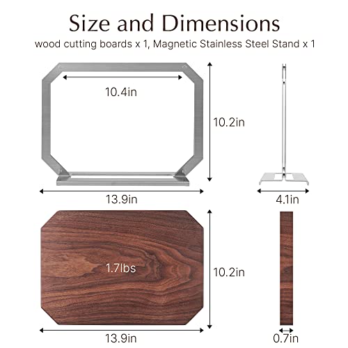 Heriter I Solid Walnut Octagonal Wood Cutting & Serving Board with Stainless Steel Stand/Frame I Modern kitchen I Clean up kitchen I wood cutting boards x 1, Magnetic Stainless Steel Stand x 1