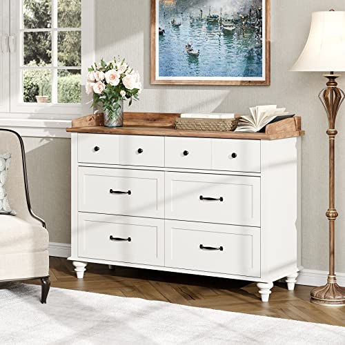 WAMPAT Dresser for Bedroom with 6 Drawers, White Kids Dressers with Wide Chest of Drawers, Mid Century Modern Wooden Closet Storage Organizer for Living Room, Nursery, Hallway