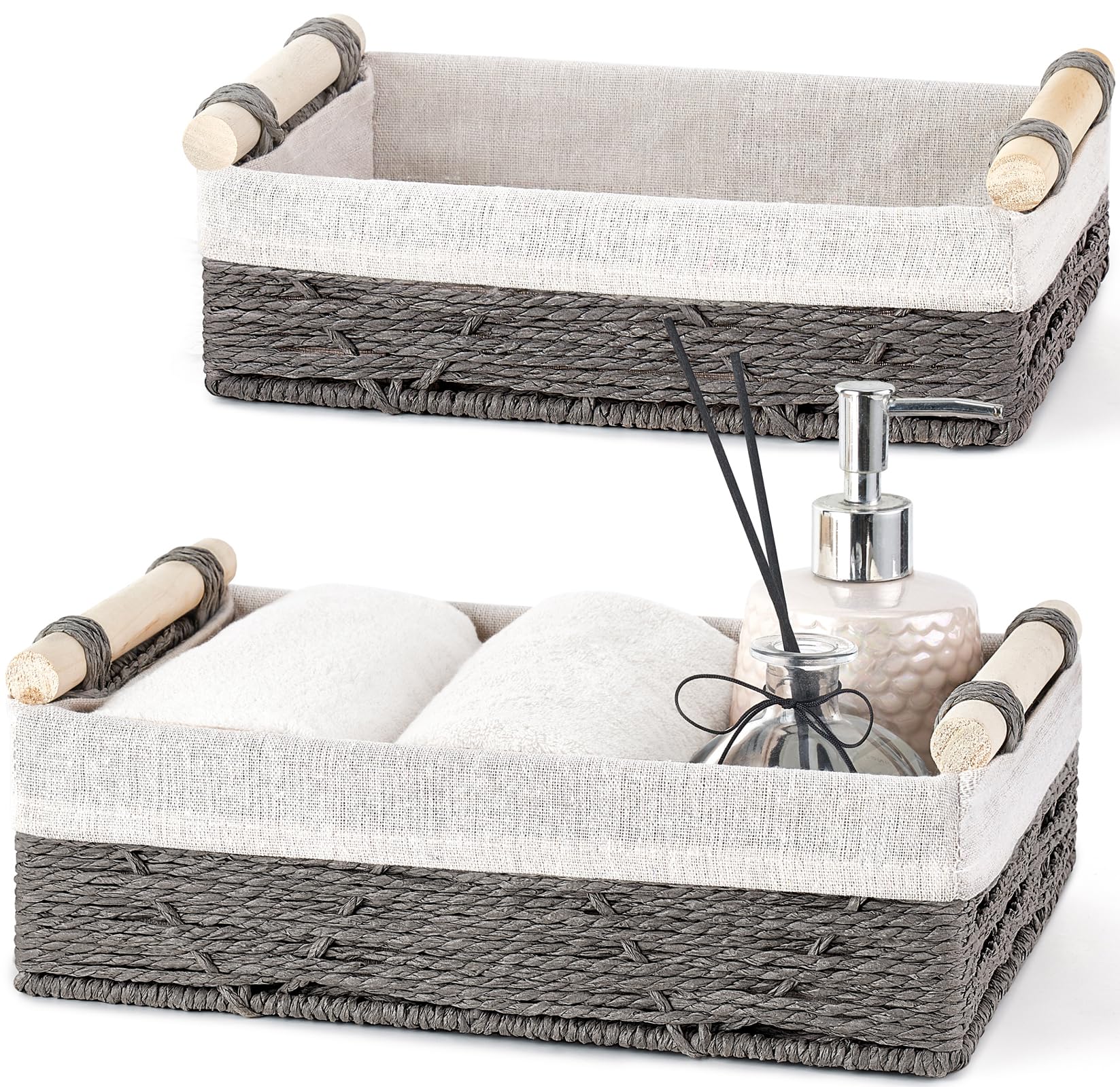 Mkono Woven Storage Basket Wicker Baskets for Organizing Toilet Paper, Decorative Bins with Handle for Toilet Tank Top Countertop Shelves, Decor for Bedroom Living Room Apartment, Set of 2, Grey