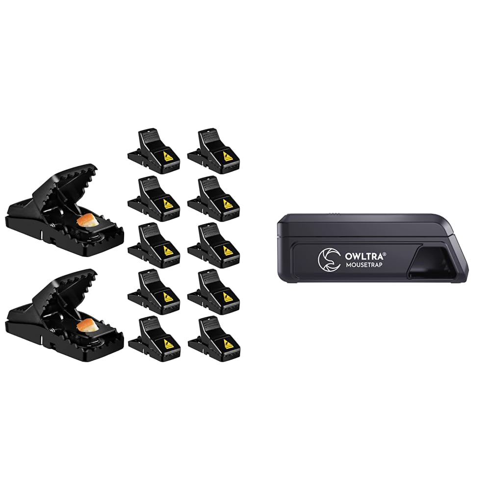 Mouse Trap, 12 Pack Mouse-Traps-Indoor-for-Home Quick Effective Sanitary Safe Mouse Catcher & OWLTRA Indoor Electric Mouse Trap, Instant Kill Rodent Zapper with Pet Safe Trigger, Black, Small