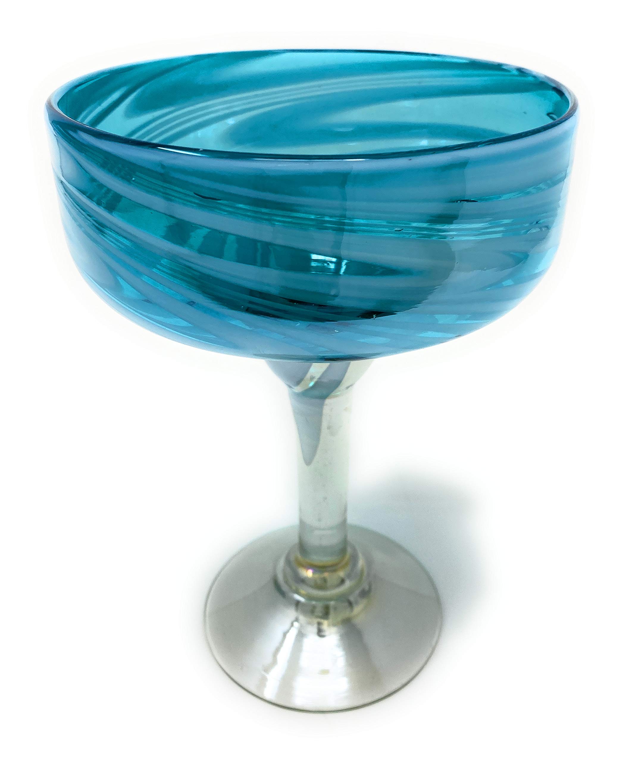 Dos Sueños Mexican Hand Blown Glass – Set of 4 Hand Blown Margarita Glasses Aqua Swirl (16 oz)
