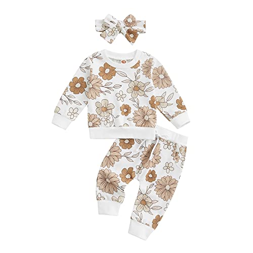 Hiusmilekid Newborn Infant Baby Girl Clothes Fall Winter Flower Outfit Halloween Sweatshirt Pullover Top Legging Pant Set (Bloomer-White,18-24 Months)