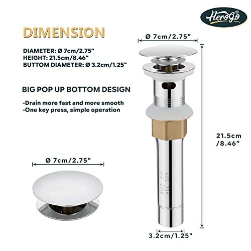 Herogo Bathroom Sink Drain with Overflow, Stainless Steel Chrome Pop Up Drain Stopper with Detachable Built-In Anti-Clogging Strainer for Lavatory Vessel Vanity Sink Drain, Fits Standard Drain Hole