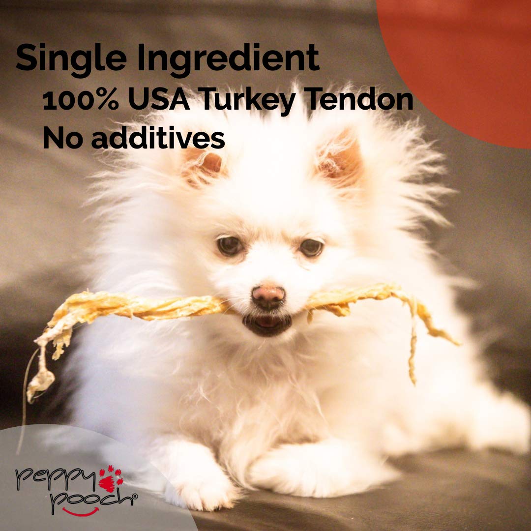 Peppy Pooch Turkey Tendons for Dogs – 8 oz Bag - All-Natural Dog Treat Chew Stick - Made in USA.