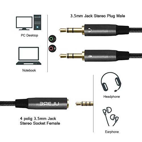 ULBRE Headphone Splitter for Computer 3.5mm Female to 2 Dual 3.5mm Male Headphone Mic Audio Y Splitter Cable Microphone Stereo Jack Earphones Port Cord Gaming Headset to PC Laptop