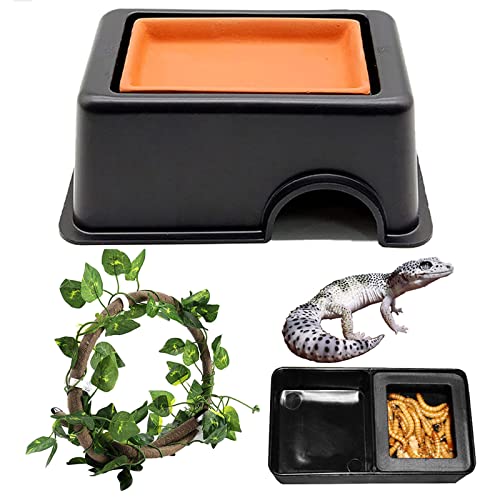 Woyrise Reptile Hide Box with Sink Humidifier Gecko Hideout Cave Lizards Hideaway with Flexible Vine Decor and Bowl for Bearded Dragons Lizards Spiders Snakes