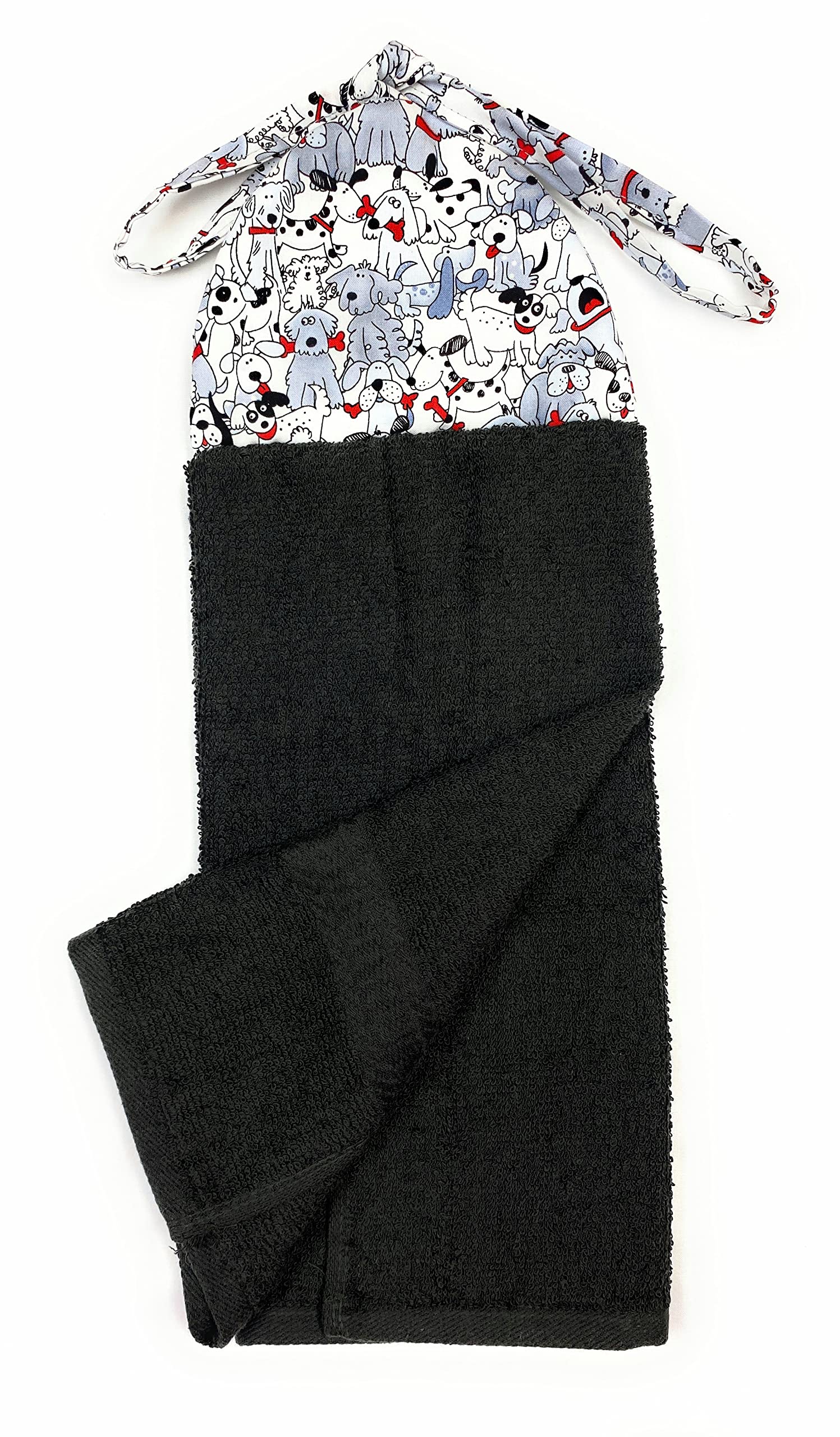 Gift for Puppies Dogs Puppy Lovers Grey Gray Black with Red Ties On Stays Put Black Kitchen Bathroom Hanging Loop Hand Dish Towel
