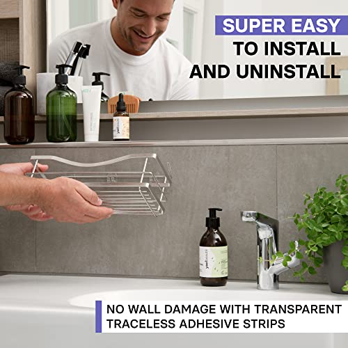 KINCMAX Shower Shelves 2-Pack - Self Adhesive Caddy with 4 Hooks - No Drill Large Capacity Stainless Steel Wall Shelf - Aesthetic Organizer for Inside Bathroom - Polished Silver