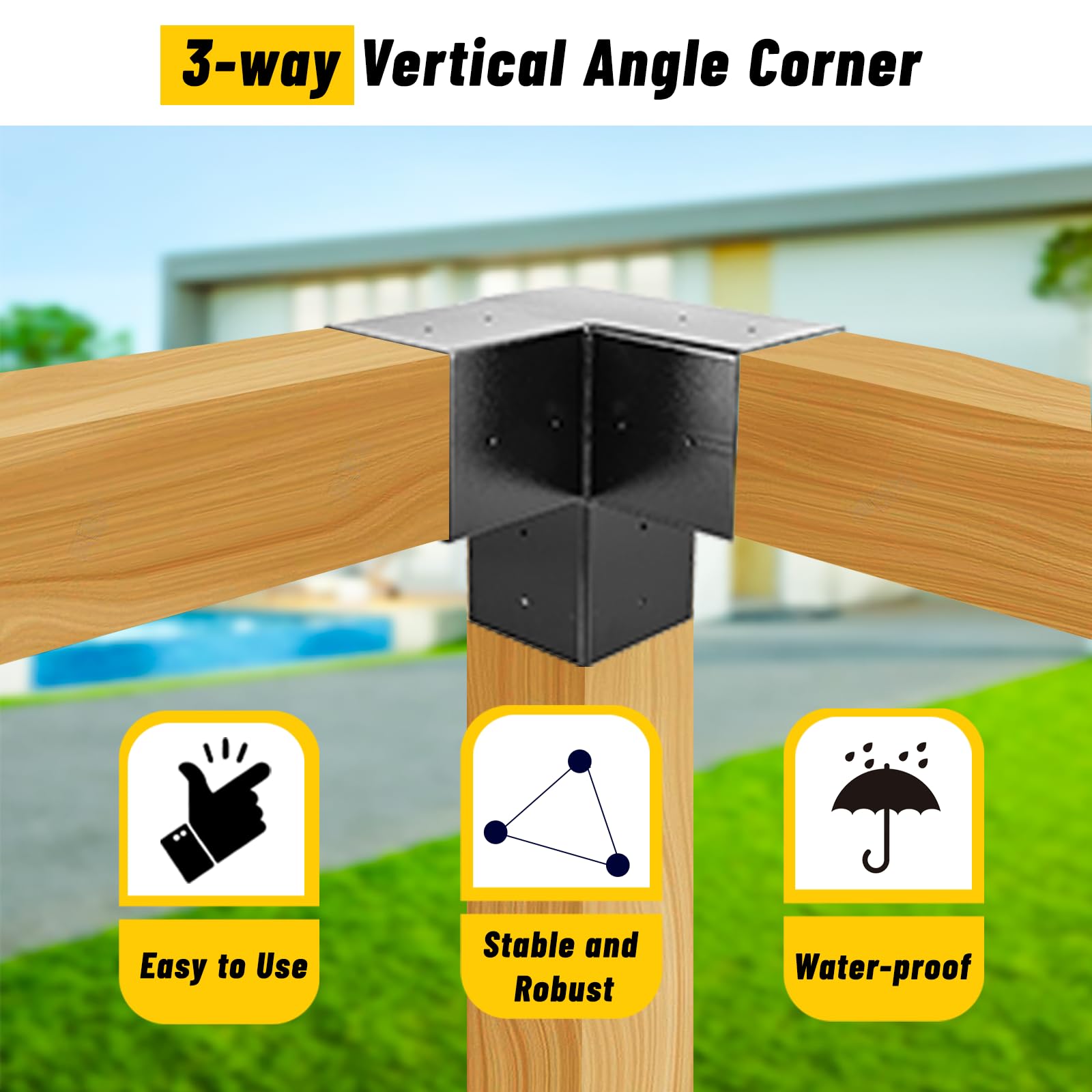 Glossy Black 3-Way Woodwork DIY Pergola Brackets Kit, Elevated Wood Stand Kit with Powder-Coated Steel, Include Extension Brackets & Post Base Brackets| Modular Pergola Kit for 4x4 Wood Post(1 Pair)