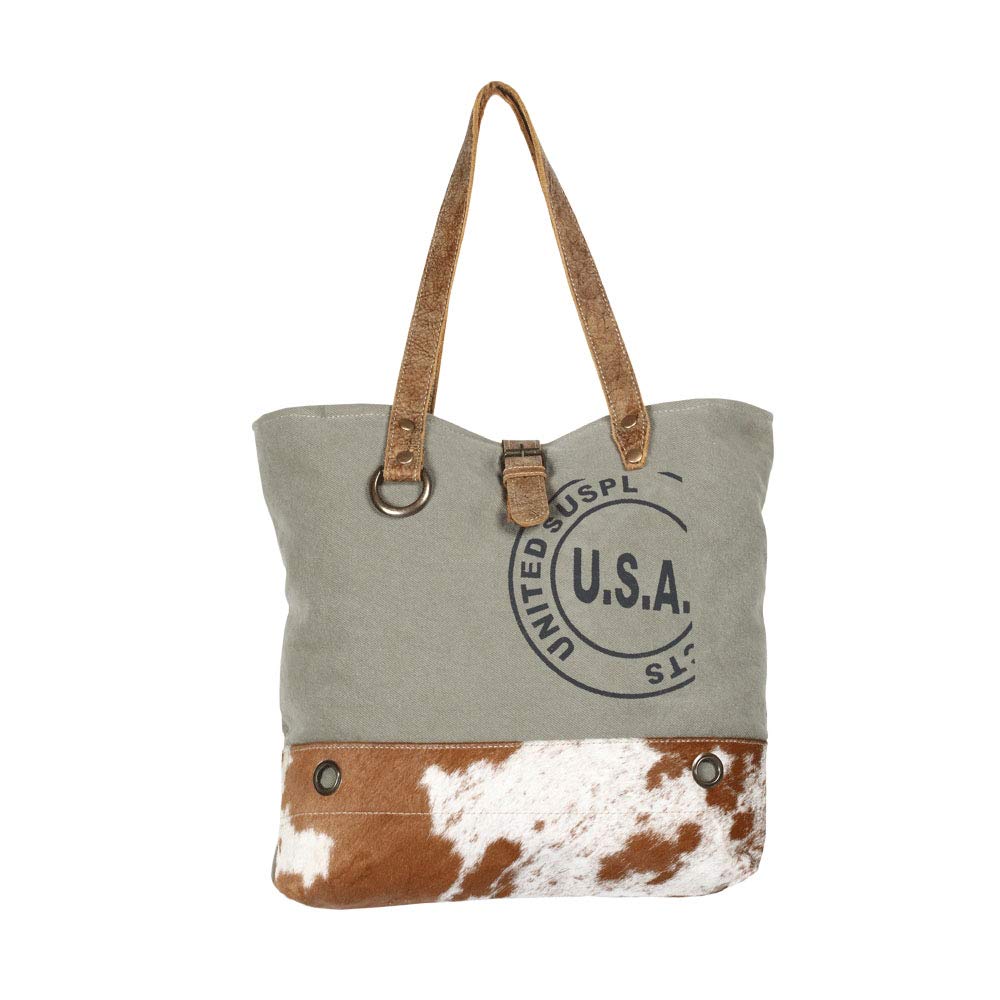 USA Stamp Upcycled Canvas and Hair-On Leather Tote Bag