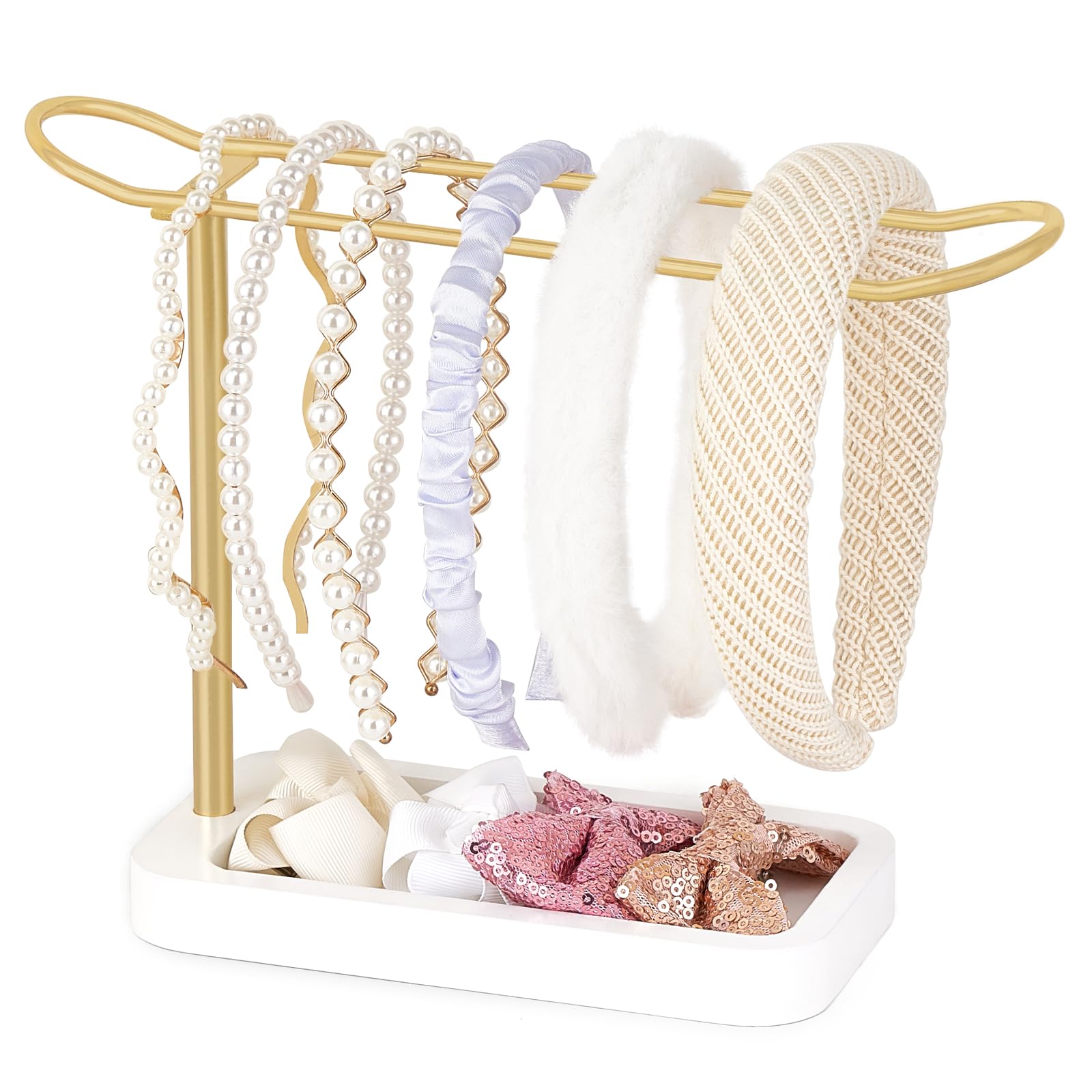 Mkono Headband Holder Metal Headband Organizer Gold Headband Stand Hair Accessories Organizer for Women Teen Girl Gifts Scrunchie Storage Display Rack for Claw Clip and Bracelets Dorm Bedroom Decor