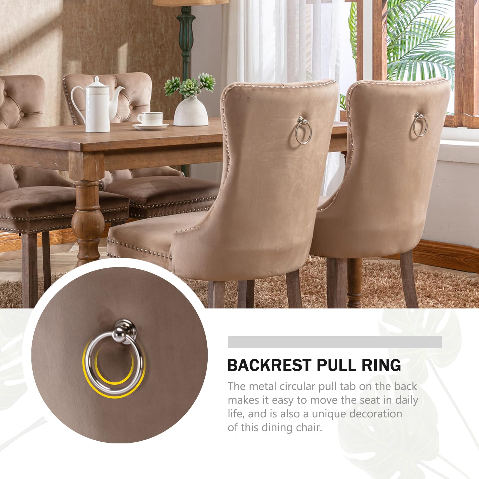 Hixkol Velvet Dining Chairs Set of 2,Upholstered Dining Chairs with Ring Pull Trim and Button Back,Modern Seating for Kitchen, Bedroom & Living Room(Khaki)