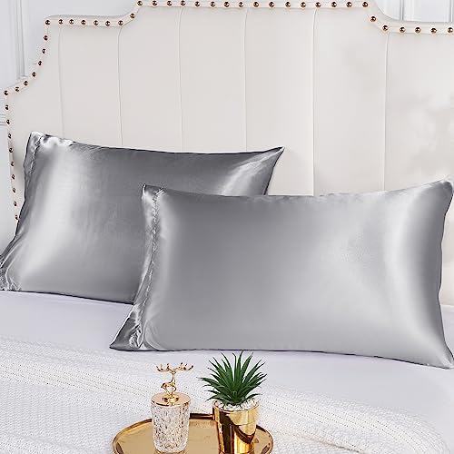 LXMGED Satin Silk Pillowcases for Skin and Hair,Set of 2 Satin Pillow Cases for Women with Envelope Closure,Soft Breathable Smooth Cooling Silk Pillow Covers for Gifts,Silver Grey,Standard (20" x 26")