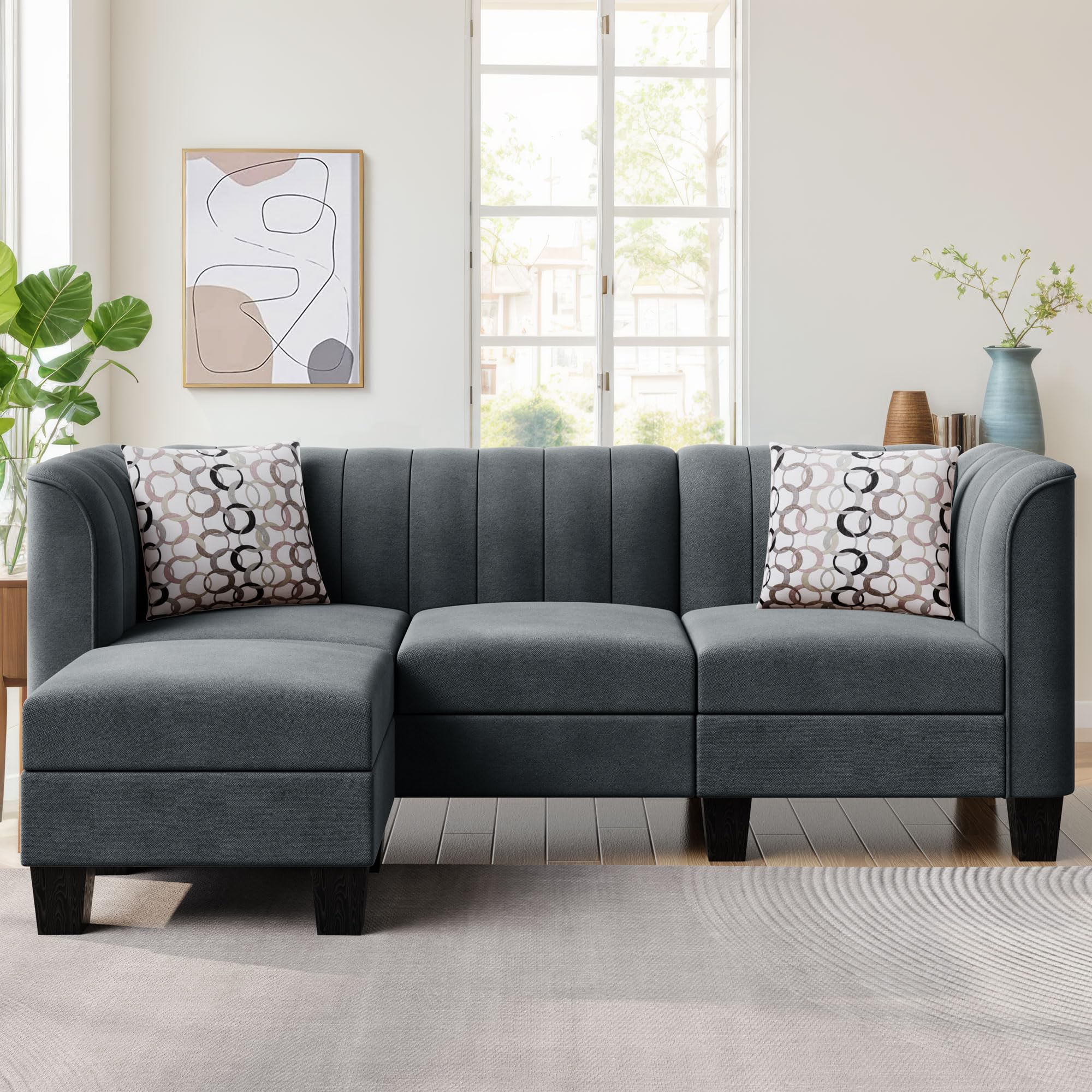 JAMFLY Sectional Sofa Couch for Living Room, Small 3-Seat L Shaped Couch with Linen Fabric, Convertible Sofa with Chaise Clearance Set for Small Space, Dark Grey