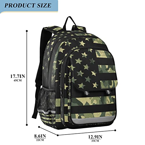 Vnurnrn Kids Backpack American Flag with Green Camo Print Big Storage Multi Pockets 17.7 IN School Backpack with Chest Buckle Reflective Strip for Boys Girls 6+ years in Primary Middle High School