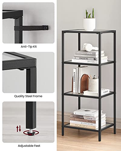 VASAGLE Bookcase, 4-Tier Bookshelf, Slim Shelving Unit for Bedroom, Bathroom, Home Office, Tempered Glass, Steel Frame, Black ULGT028B61