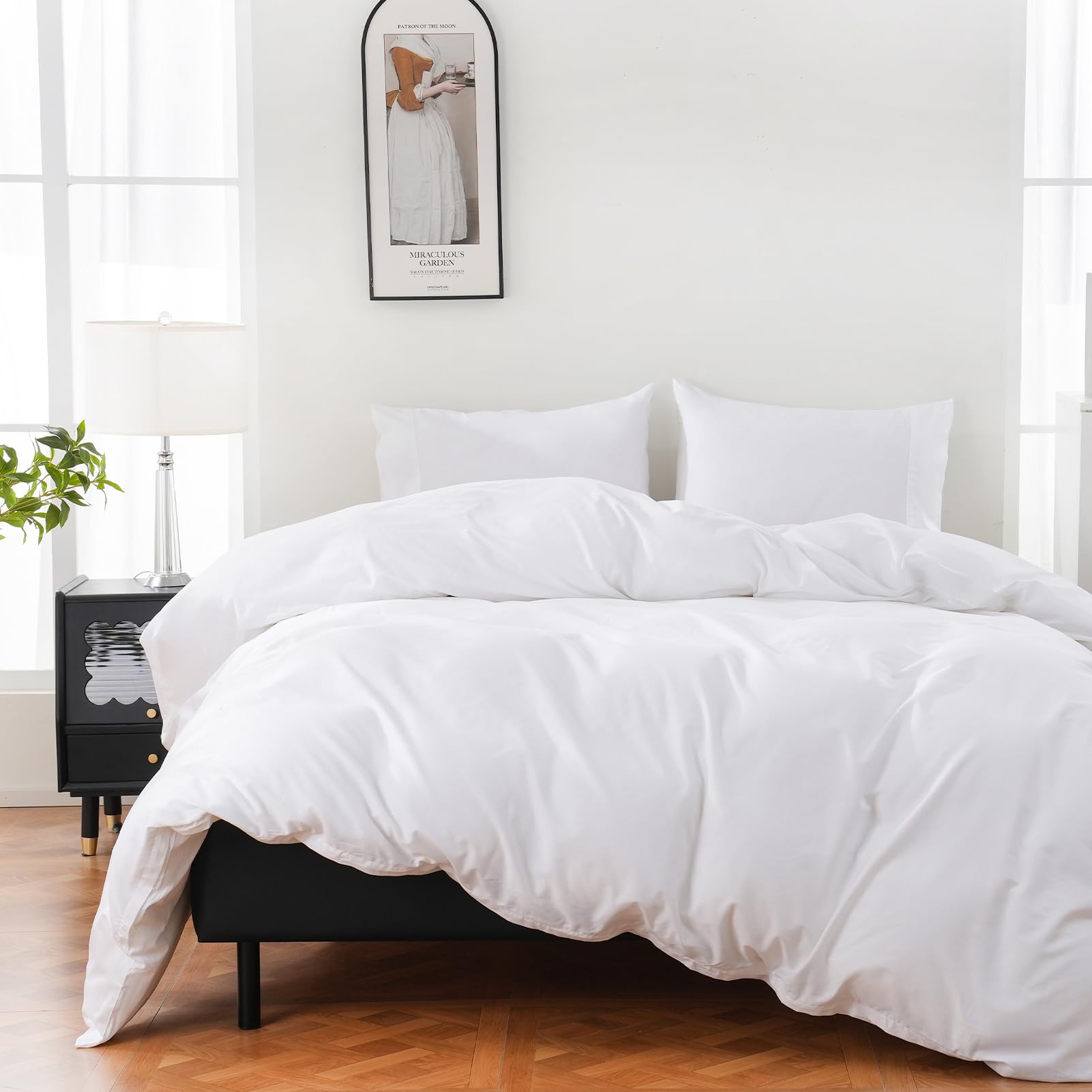 Overket 100% Organic Cotton Duvet Cover Queen Size Luxury 400 Thread Count Duvet Cover Queen Size Sateen Comforter Cover Soft and Breathable Cooling Bedding Set 3 Piece（White;Queen）